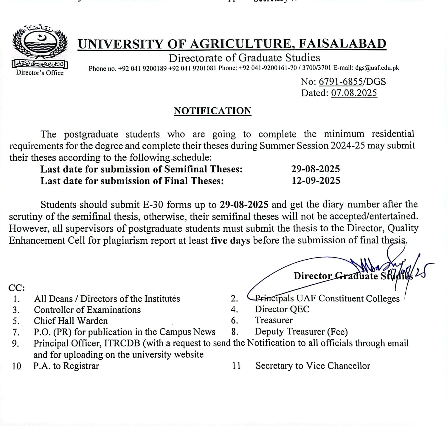 University of Agriculture, Faisalabad, Pakistan -> Directorate of Graduate Studies